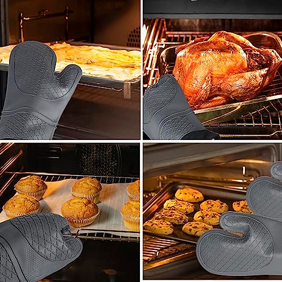 Hvalucen 2Pcs Silicone Oven Mitts Waterproof and Non-Slip Temperature Resistant to 500°F 13 inches Grey