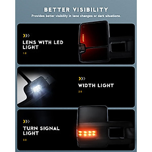 OCPTY Towing Mirrors with Power Heated Left Right Side Tow Mirrors Compatible with for Chevy for GMC 2007-2013 for Silverado/for Sierra with Black housing Smoked Turn Light