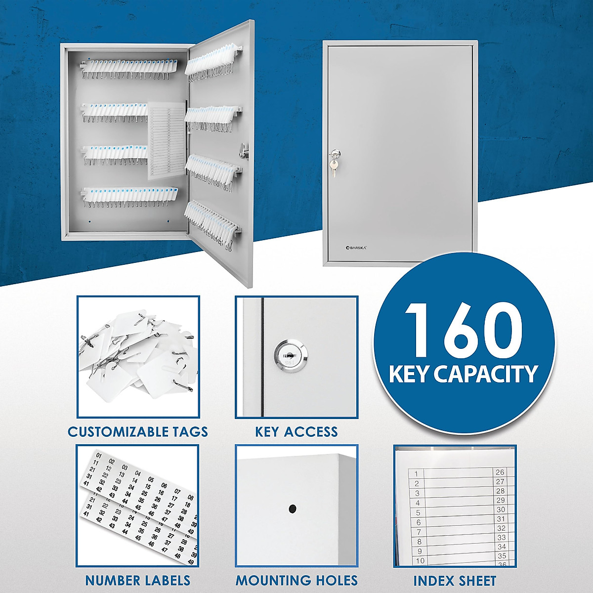 Barska Key Lock Key Cabinet Lock Box with Numbered Hooks and Tags - 160 POSITION - WHITE TAGS