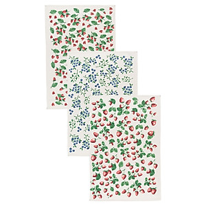 Now Designs Berry Patch Cotton Floursack Kitchen Dish Towels 20 x 30in, Set of 3, Red, Blue, Green, White
