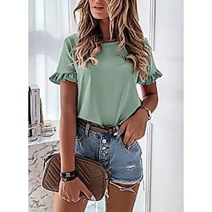 PRETTYGARDEN Women's Short Sleeve Casual T Shirts Summer Ruffle Plain Round Neck Loose Fit Tee Blouse Tops (Green,Small)