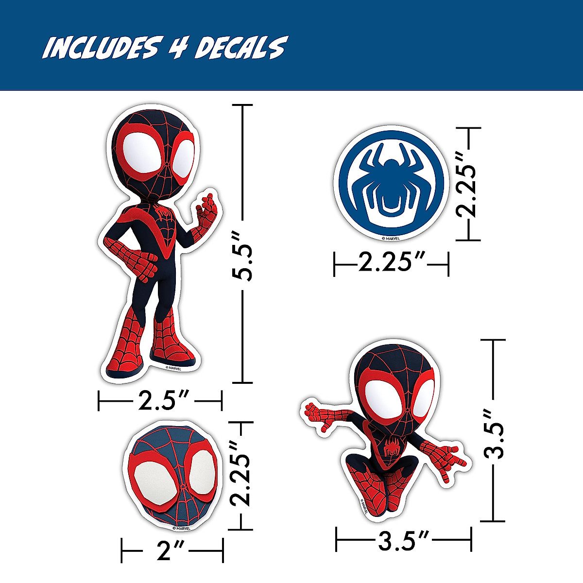 Marvel Spidey and His Amazing Friends Decals - Set of 4 Miles Morales Spin Vinyl Stickers for Car Water Bottle Bike Helmet Laptop Skateboard - Marvel Stickers for Kids and Adults