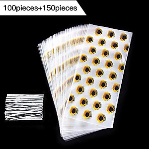 100 Pieces Sunflower Cellophane Bags Cello Clear Candy Bags Plastic Goodie Storage Bags with 150 Pieces Twist Ties for Sunflower Party Favors