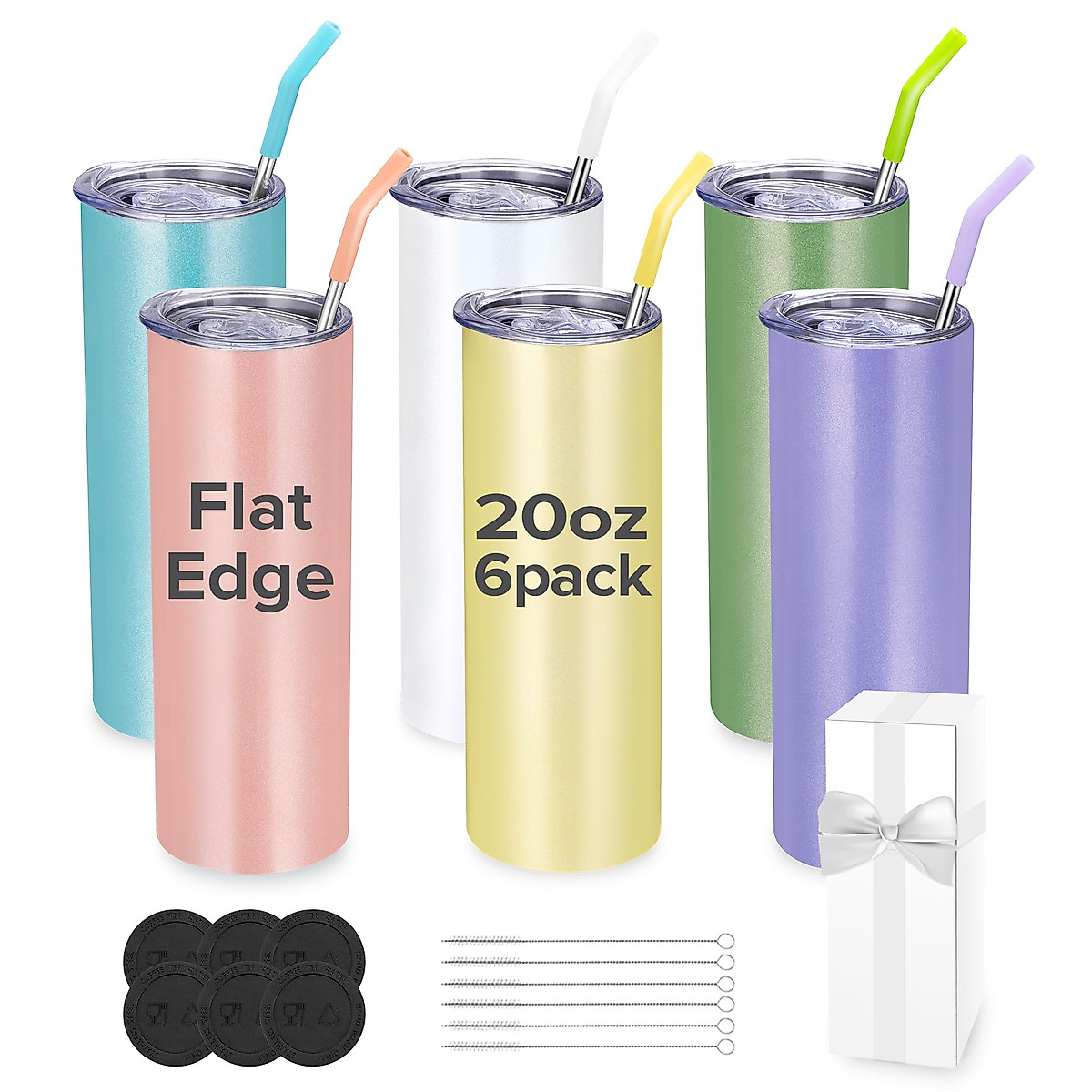 FASTSUB Sublimation Tumblers 20 oz Blank Bulk Glitter Cups Straight Skinny Stainless Steel Double Wall Vacuum Insulated with Lids and Straws Coaster for Tumbler Heat Press Multicolored 6 Pack