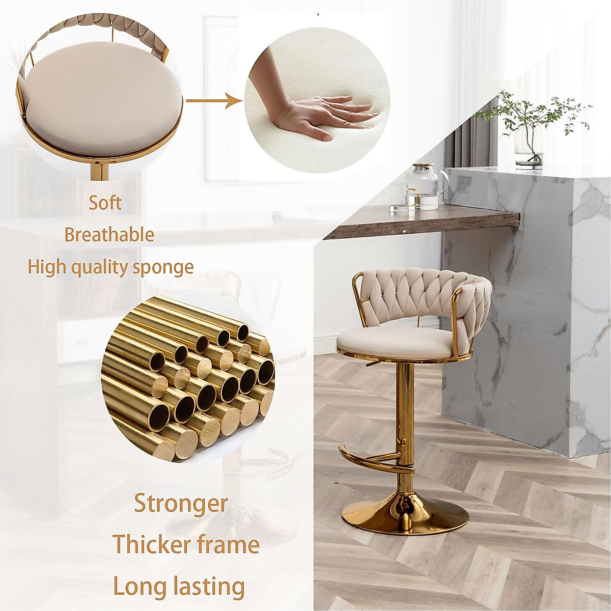 Riknuxi Gold Velvet Bar Stools Set of 4, Counter Height Bar Stools with Low Back, Swivel Bar Stool for Kitchen Island, Bar Pub (Beige)