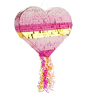 Sparkle and Bash Pink Pull String Heart Pinata for Girls Birthday Party Decorations, Pink and Gold Ombre Design, Small, 16 x 13 x 3 In