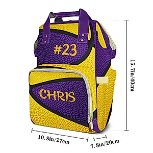 Anneunique Personalized Purple Yellow Basketball Print Tote Bag Backpacks Custom with Text Mommy Bag Gift for Boy Girl