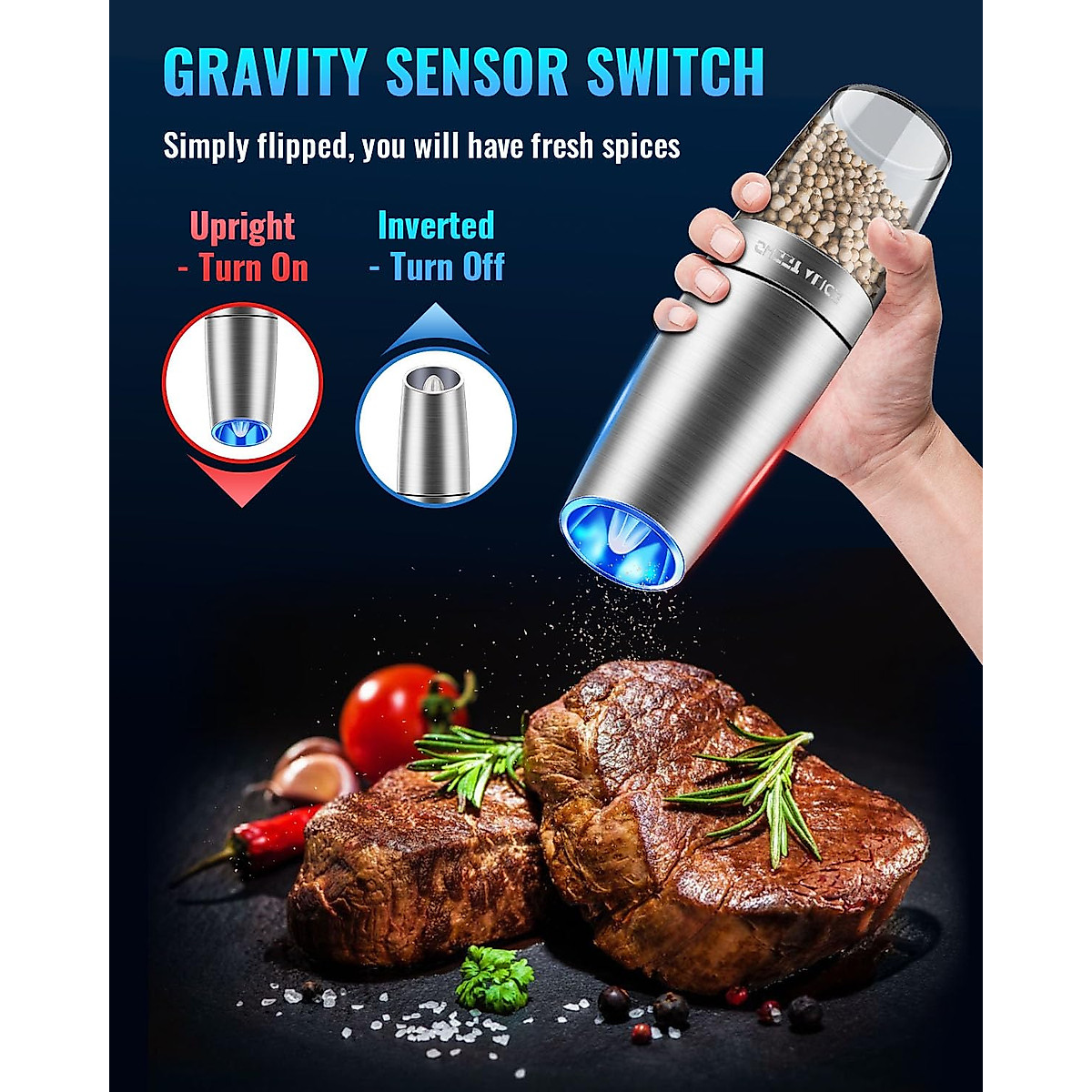 Gravity Electric Pepper and Salt Grinder Set, Salt and Pepper Mill & Adjustable Coarseness, Battery Powered with LED Light, One Hand Automatic Operation, Stainless Steel (Set/Silver)