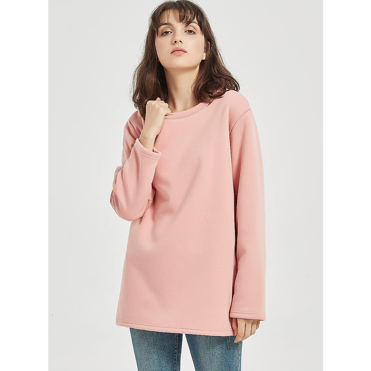 PEHMEA Women's Girls Warm Sherpa Lined Crewneck Pullovers Fleece Sweatshirt Tops (Pink, Medium)