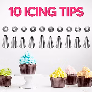 Riccle Reusable Piping Bag and Tips Set - Strong Silicone Icing Bag and Tips - Ideal Icing Piping Kit of 2 Reusable Pastry Bag,2 Coupler, 10 Icing and Frosting Tips with 2 Bag Ties