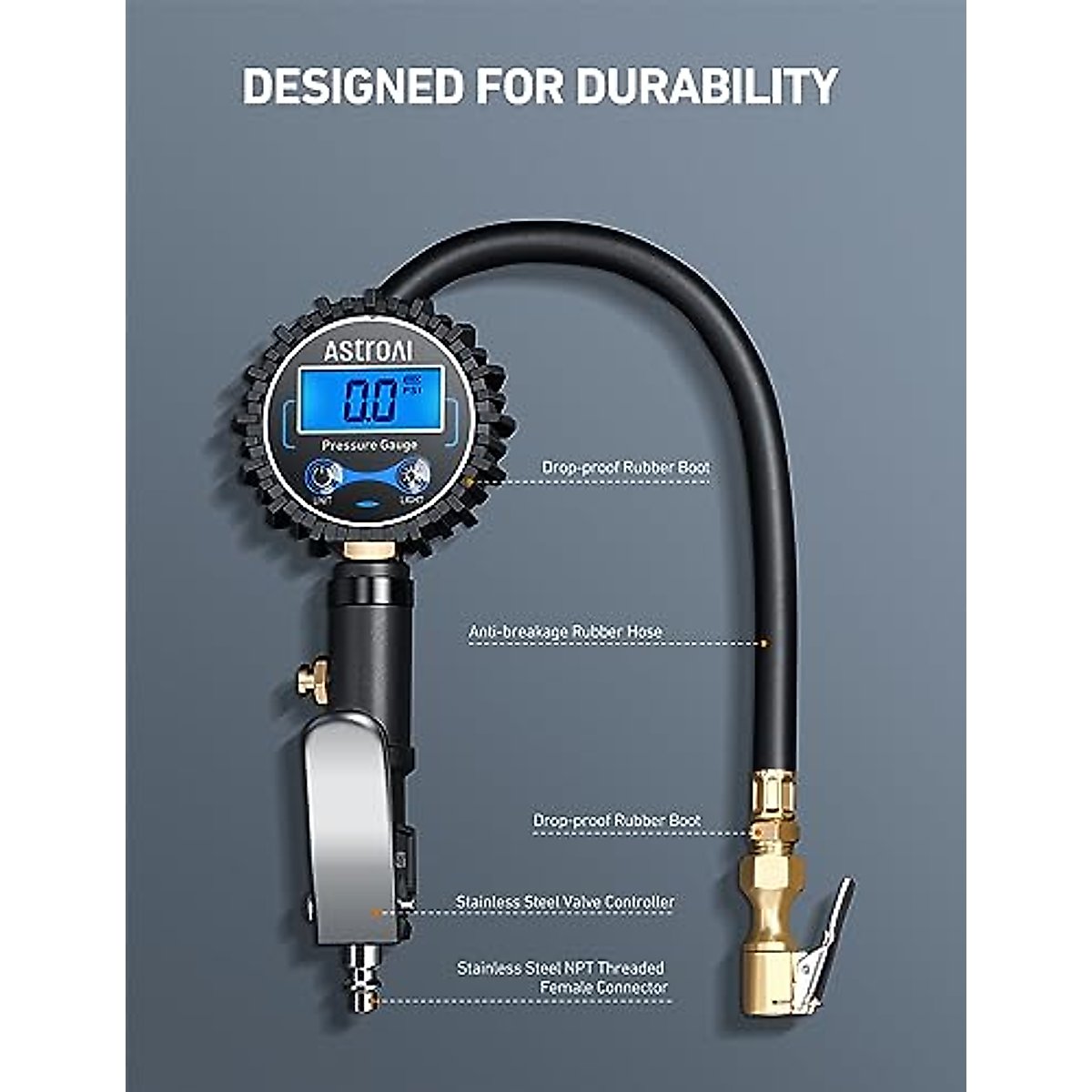AstroAI Digital Tire Pressure Gauge with Inflator(3-250 PSI for 0.1 Display Resolution), Heavy Duty Air Chuck and Compressor Accessories with Rubber Hose and Quick Connect Coupler Car Accessories.