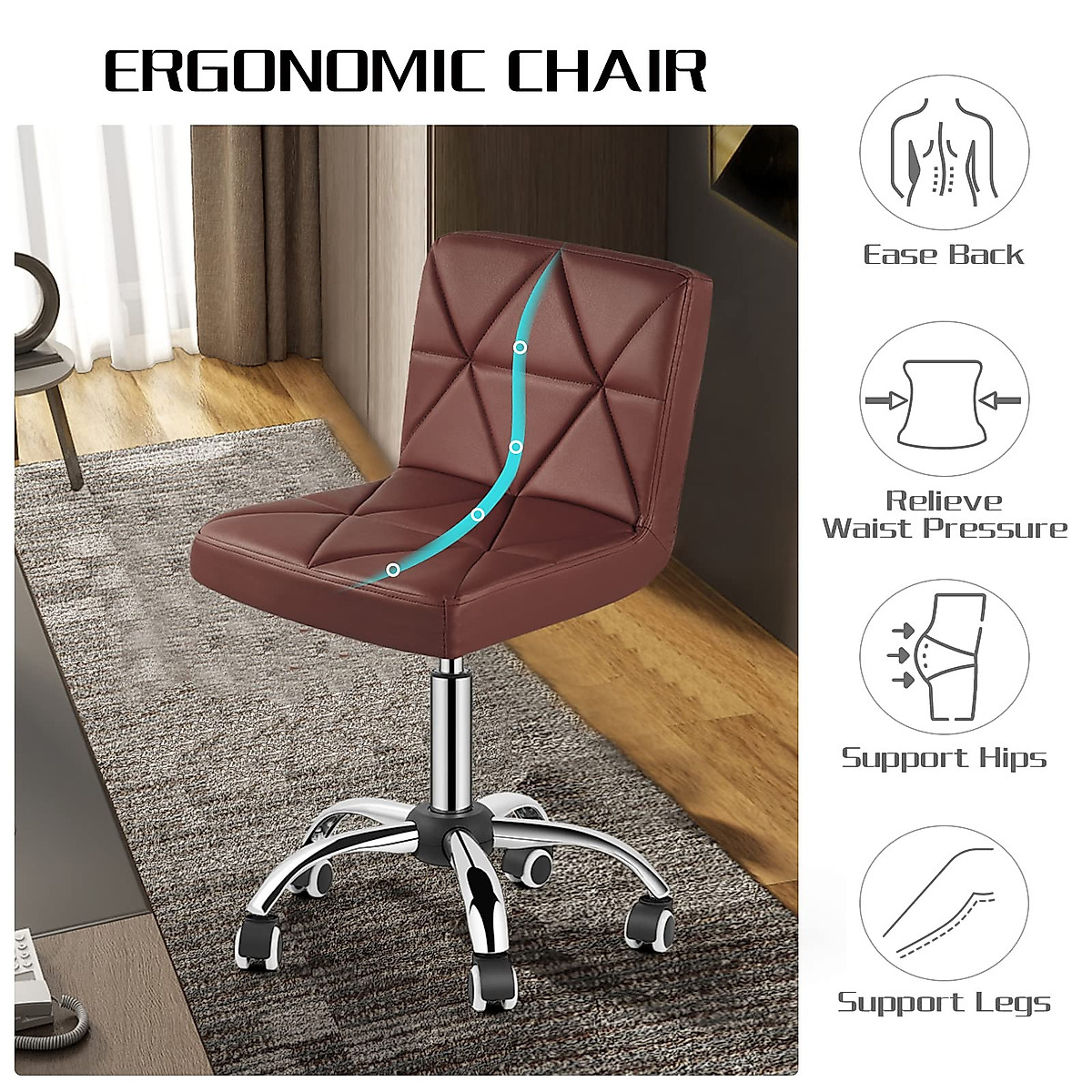 COSVALVE Armless Desk Chair, Low Back 360 Swivel Office Chair, Height Adjustable Executive Conference Task Chair with Rolling Wheels and Diamond Pattern for Home Bedroom Computer Barber, Brown