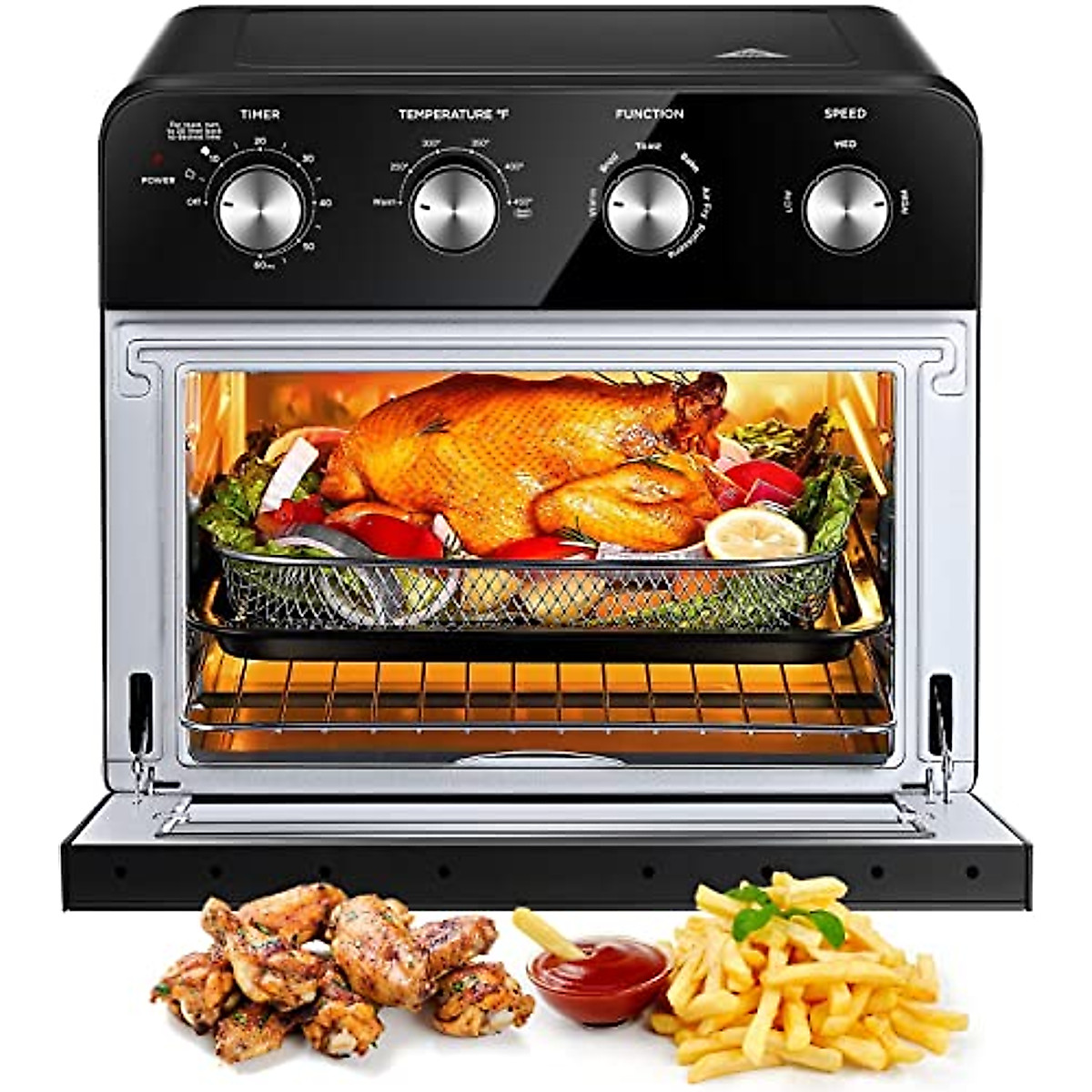FOHERE Air Fryer Oven Combo, 6 Slice 24 QT Multi-function Convection Oven, 1700W Toaster Oven for Rotisserie, Dehydrate, Air Fry, Bake & Reheat, Fry Oil-Free, Non-Stick Inner, 6 Accessories & 100 Recipes