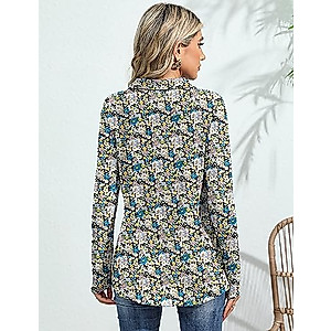 LUYAA Womens Long Sleeve Fall Tops Collared Work Shirts Uniform Polo Shirts for Women Blue Floral M