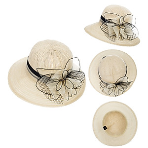 Women Kentucky Organza Derby Hat - Bridal Wedding Church Tea Party Wide Brim Summer Sun Cap Beige