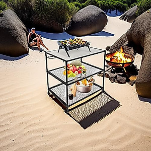 KarweuSu 3-Tier Shelf Food Preparation BBQ, Outdoor Cook Adjustable Station Table with Wheels, Heightened Bottom Grill Serving Cart Movable Trolley Storage (with Handle)