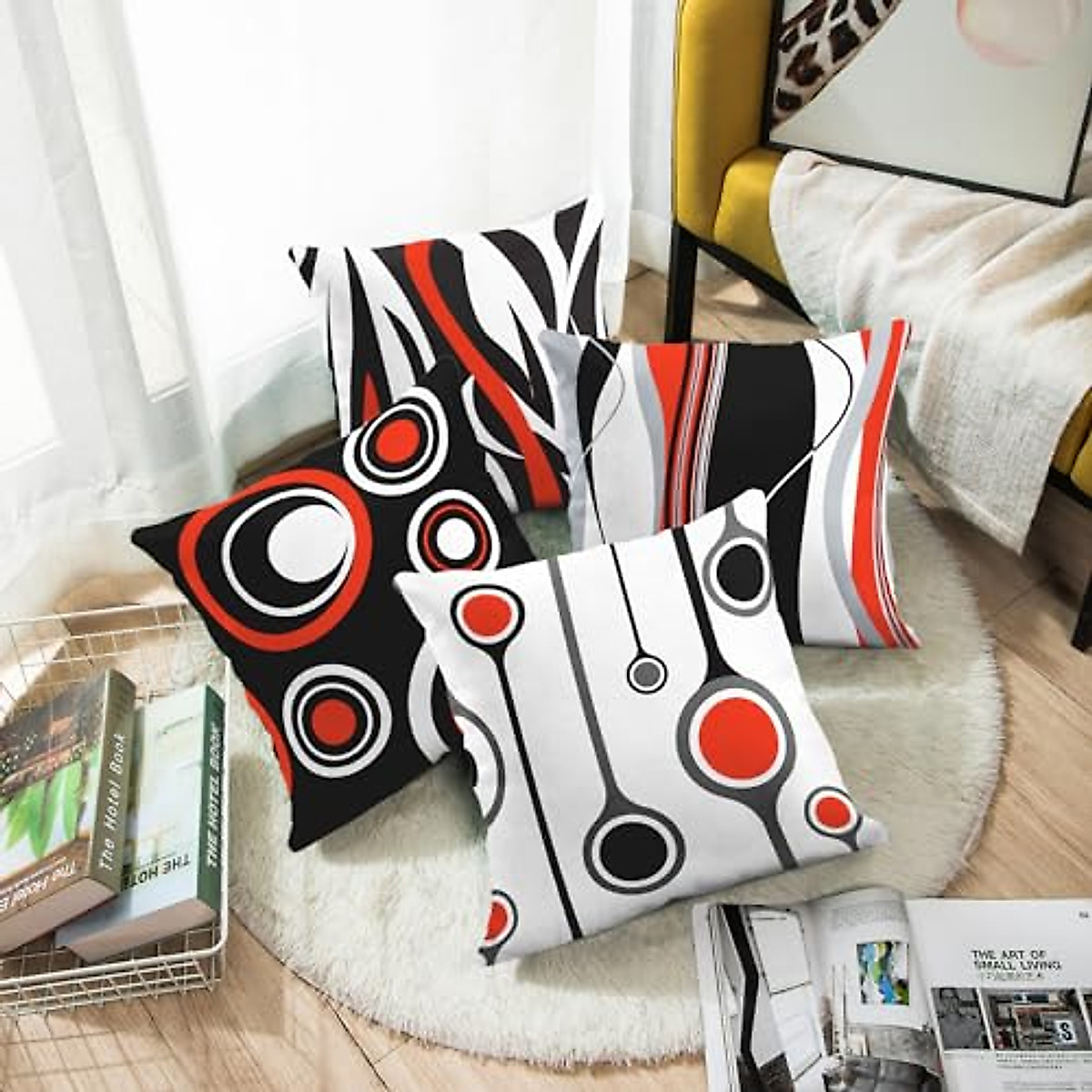 Emvency Set of 4 Throw Pillow Covers 16x16 Inches Decorative Cushion Modern Abstract Red Black White and Grey Wavy Vertical Stripes Dot Polyester Pillow Cases Square Pillocases for Bed Sofa
