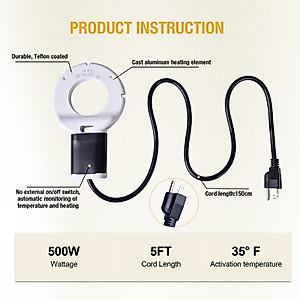 comincia 500Watt Stock Tank Heater,Chicken Water Heater,Cast Aluminum Submergible De-Icer, Thermostatic Control Water Trough Tank Heater for Livestock Poultry Birds,Cows,Horses,Wildlife Drinking