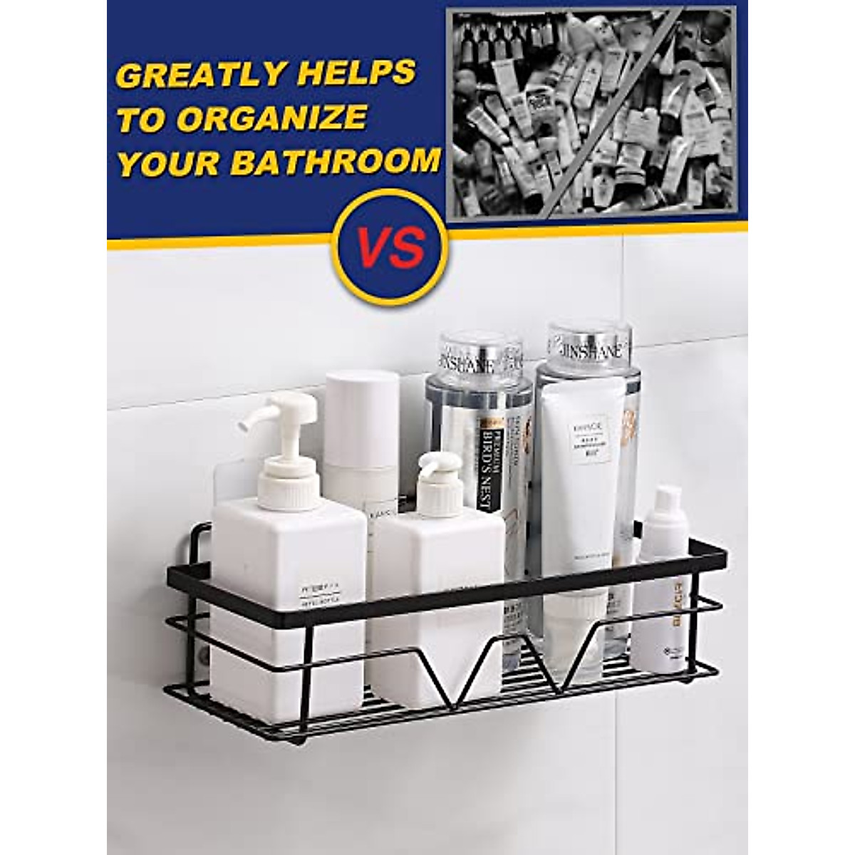 GOJUSO 6-Packs Bathroom Shower Shelves 2 Size Caddy Hair Dryer Holder Wall Mounted Toothbrush Holder Phone Stand for Desk No Drilling Hanging Wall Mount Bathroom Accessories