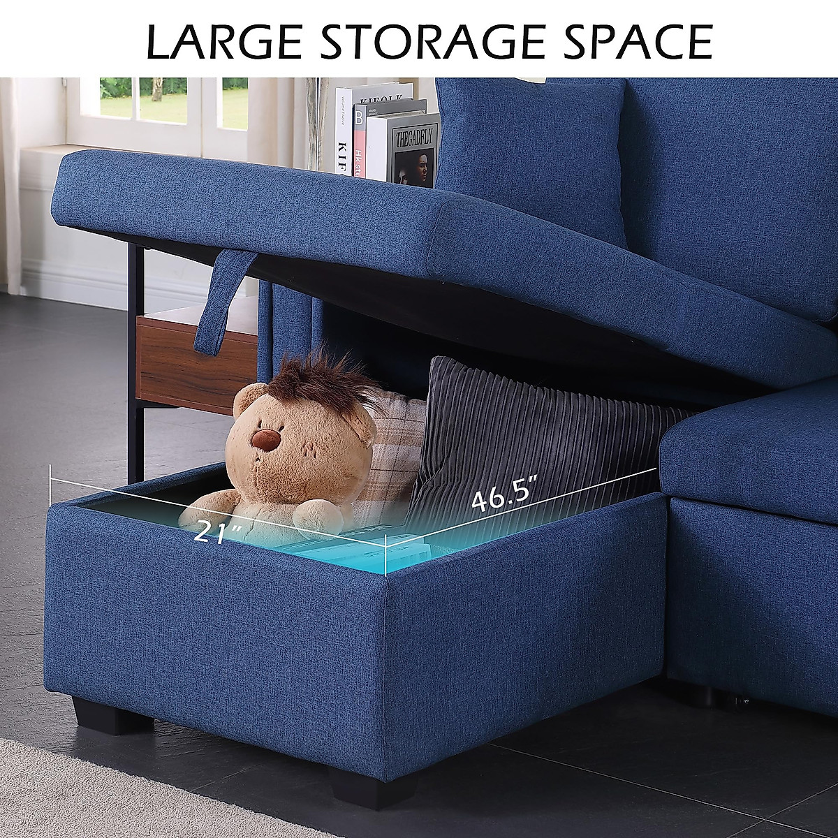 poplarbox L Shape Couch with Pull Out Bed, 84" Small Blue Sectional Sleeper Sofa with Storage Chaise, Convertible Pull Out Couch Bed for Bedroom, Living Room