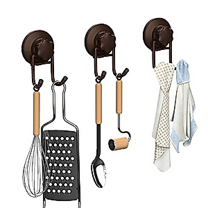 SANNO Suction Cup Hooks, Shower Squeegee Holder Towel Robe Loofah Hooks Hanging Shower Hooks for Bathroom Kitchen Shower Wall, Bathroom Shower Accessories, Bronze (3 Pack)