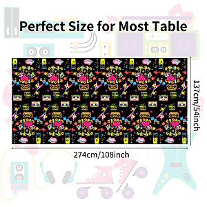 FunHot 80s Tablecloths, 4 Pcs 54 x 108 Inch Waterproof Black Print Rectangular Table Covers for 80s Nostalgia Party Decorations