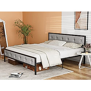 IKIFLY Metal California King Size Bed Frame with Upholstered Linen Headboard Footboard, Mattress Foundation, Heavy Duty Metal Slats, Easy Assembly, No Box Spring Needed - Light Grey/Cal King