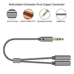 Fullbond 3.5mm 1 Male to 2 Female Ports Headphone Microphone Audio Stereo Cable Adapter Splitter Earphones Port to Speaker Adapter for Computer Silver Gray