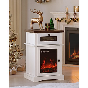 i-aplus White LED Nightstand Farmhouse Night Stand Fireplace Night Stand with Drawer LED Bedside Tables for Bedroom End Table