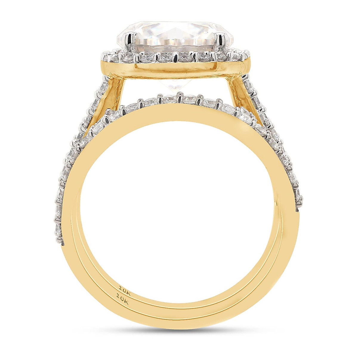 SAVEARTH DIAMONDS Split Shank Design, 4 1/2 cttw Center 10MM Round Cut Lab Created Moissanite Diamond Halo Bridal Set Ring 10K Solid Yellow Gold (VVS1 Clarity, 4.50 Cttw)-7.5