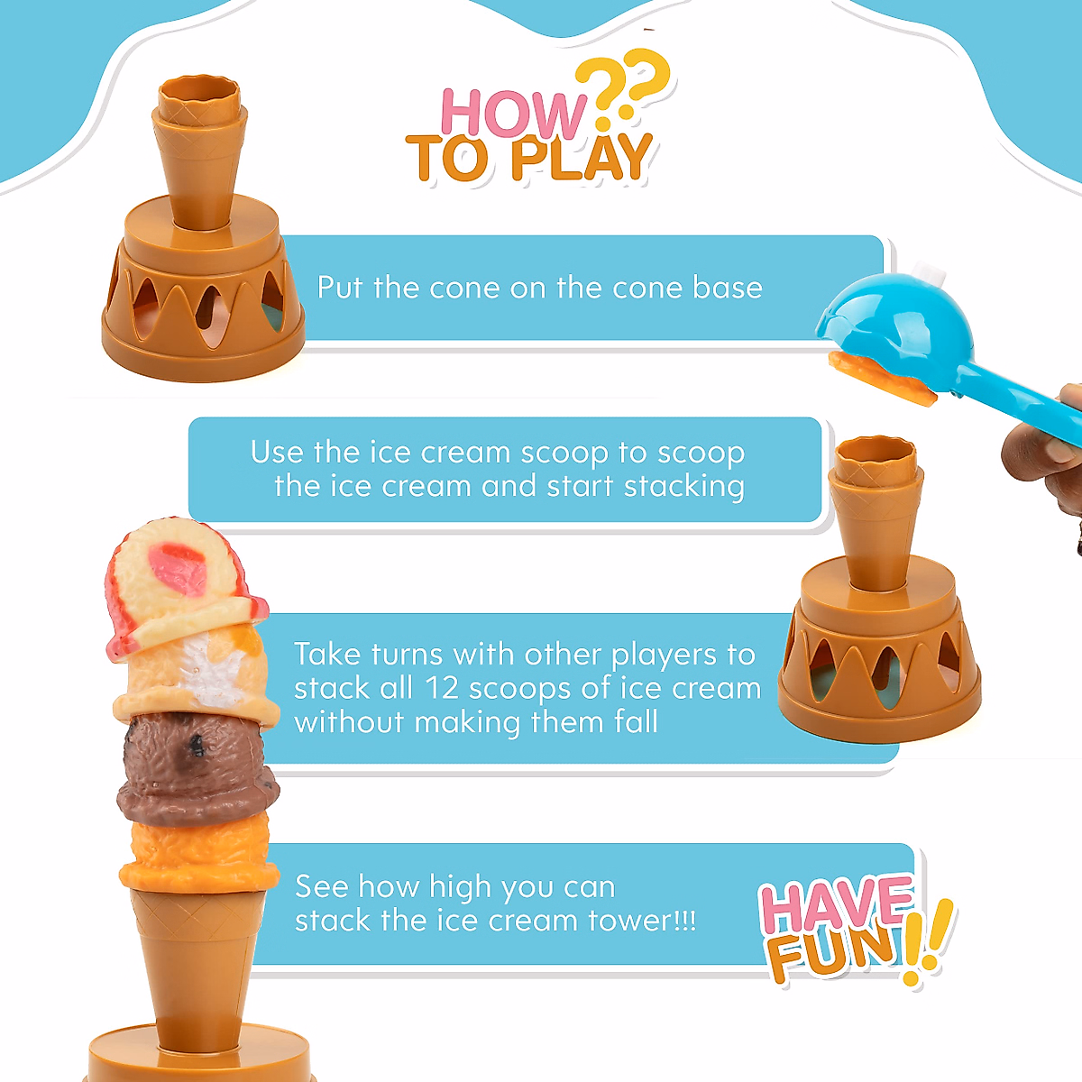 Smart Novelty Ice Cream Toy Stacking Tower - Balancing and Stackable Scoop Ice Cream Play Set for Toddlers, Frozen Dessert Food Games for Kids Aged 3+