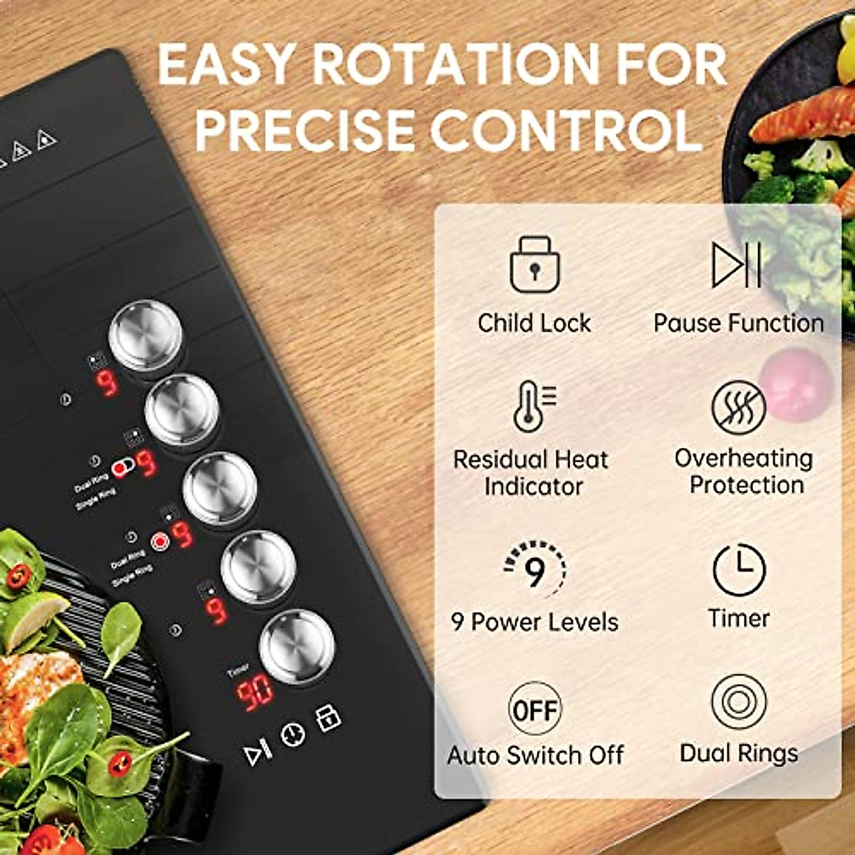 TTHOB Electric Cooktop 30 Inch, 4 Burners Built-in Radiant Electric Stove Top 220-240V 7700W, 9 Heating Level, Timer, Child Lock, Residual Heat Indicator, Pause Key, Knob Control, Hard Wired, No Plug