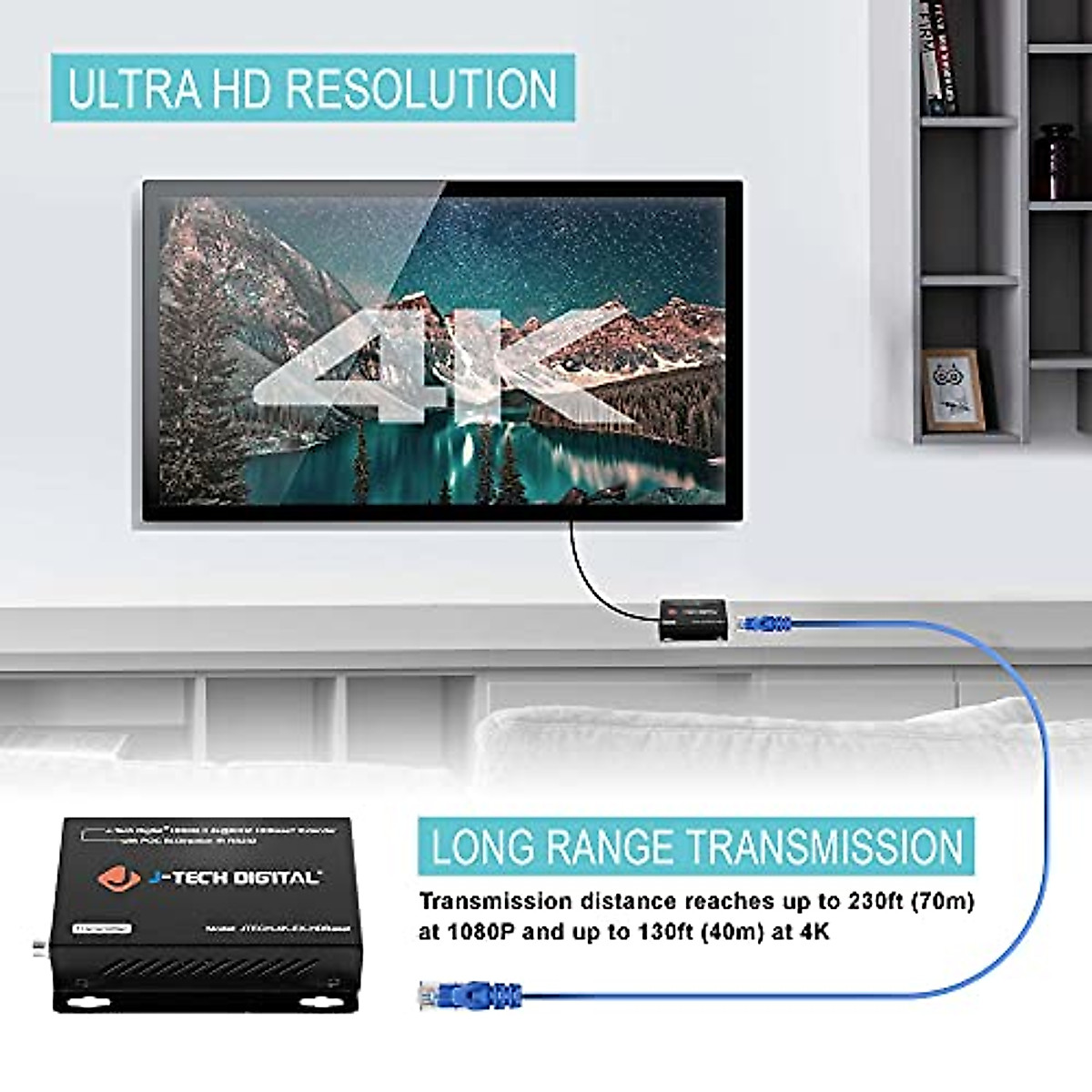 J-Tech Digital 4K Ultra HD HDBaseT HDMI Extender Over Cat5e/6 Ethernet up to 230ft (1080P) 130ft (4K), Supports HDCP 2.2/1.4, RS232, Bi-Directional IR and PoC