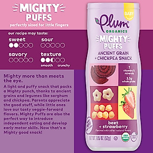 Plum Organics Mighty Puffs Organic Baby Food - Beet and Strawberry - 1.85 oz Canister (Pack of 6) - Ancient Grains and Chickpea Snacks
