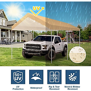 10'x20' Carport Replacement Top Canopy Cover for Car Garage Top Tarp Shelter, Waterproof Car Cover Tent for Party Garden Boat with Ball Bungees (Frame is not Included) (Beige, 10 X 20 FT)