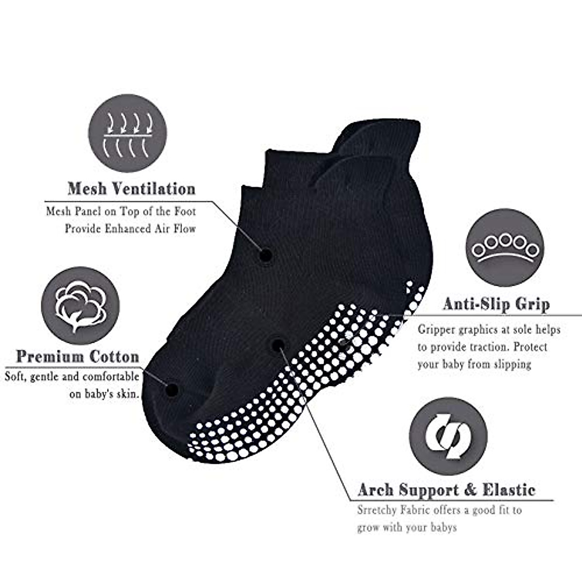 EPEIUS Baby Socks with Grips Cotton Breathable Mesh Infant Girls/Boys Non Slip/Skid Socks for 6-12 Months,12 Pairs Pack,Mixed Color,Black and White and Grey