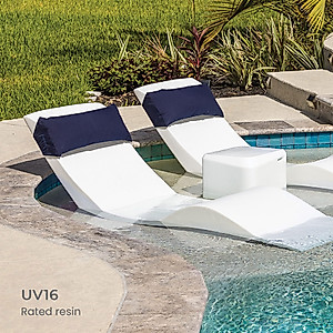 Aqua Outdoors in-Pool DEEP Ledge Chaise Set - Two Chaises - Two Headrest Pillows - Two Chaise Risers and One Large in Pool Side Table - for ledges 9"-14" inches Deep (Classic White-Blue)