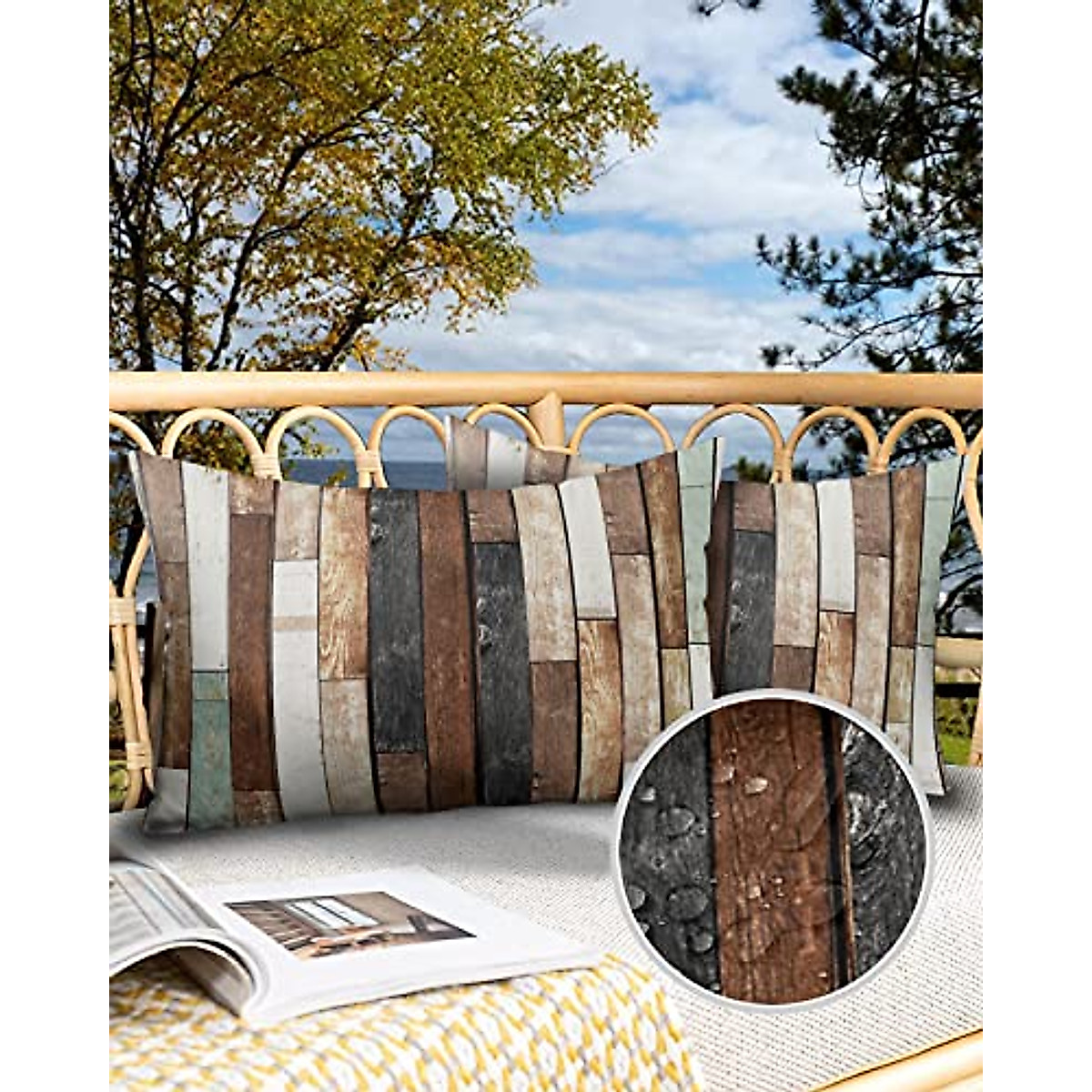 Waterproof Outdoor Throw Pillow Cover Farmhouse Rustic Wood Lumbar Pillowcases Set of 2 Brow Grunge Planks Barn Hardwood Decorative Patio Furniture Pillows for Couch Garden 20 x 12 Inches