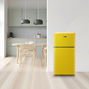 WANAI Mini Fridge Dual Door Refrigerator with Freezer 3.5 Cu.Ft, Compact Refrigerator with Adjustable Temperature & Removable Glass Shelves, Fridge for Apartment/Dorm/Office/RV, Yellow