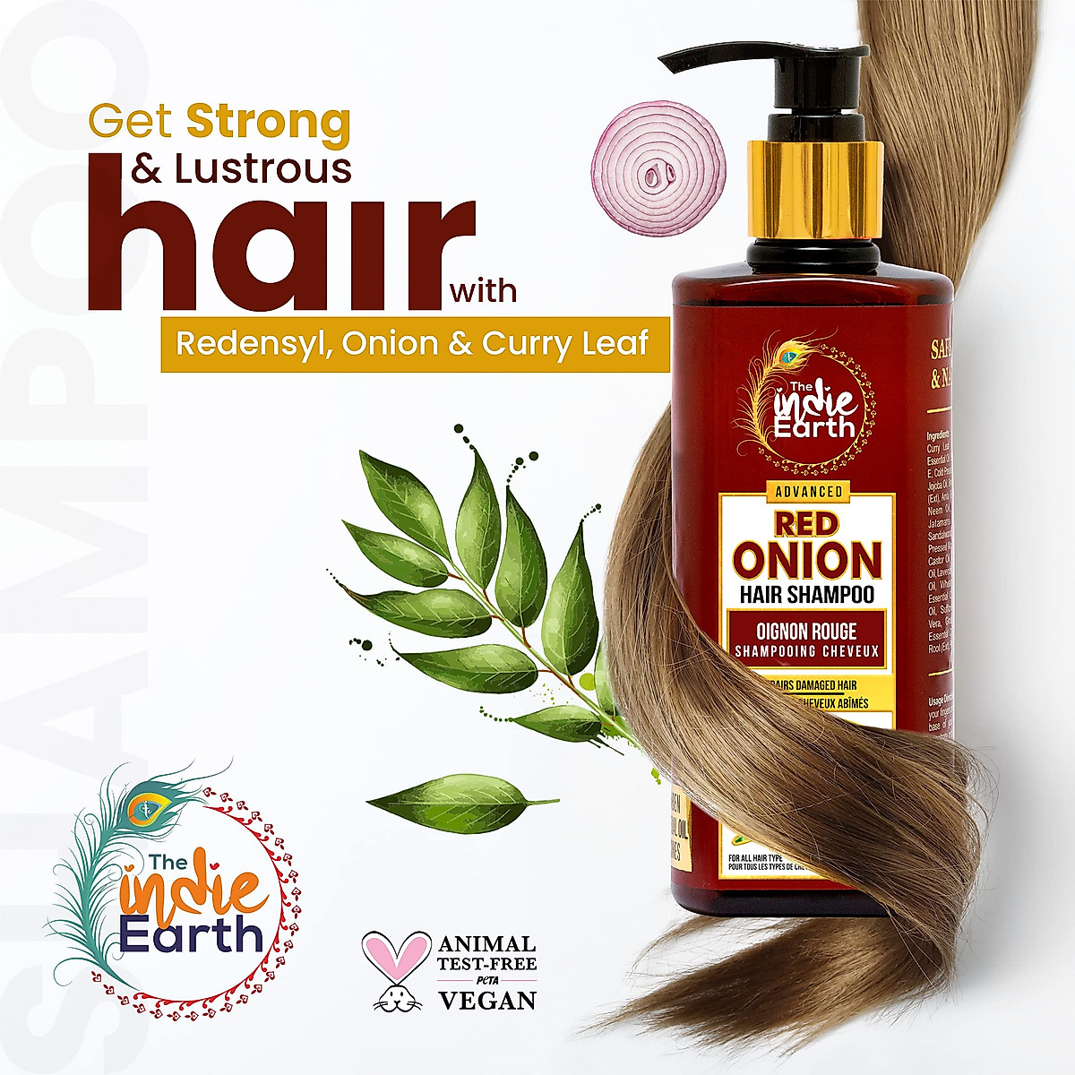 Red Onion Shampoo with Caffeine, Curry Leaf, and Indian Alkanet Root – Advanced Formula for Hair Fall Control, Split Ends Repair, and Dandruff Reduction – Gentle & Chemical-Free – 200ml