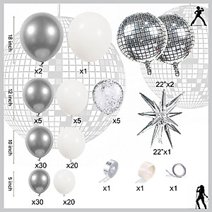 ECEAE Disco Party Balloon Garland Arch Kit 134 Pcs Metallic Silver Matte White Confetti Balloons Disco Balls Ideal for Adult Birthday Dancing Theme Decor Graduation Party Celebrity-Inspired Events