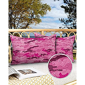 Funnywall88 Waterproof Throw Pillow Covers Set of 2 Camouflage Netting Camo Pink Couch Pillow Cases Outdoor Sofa Cushion Cover Home Decor for Bed Living Room, 20" x 12"