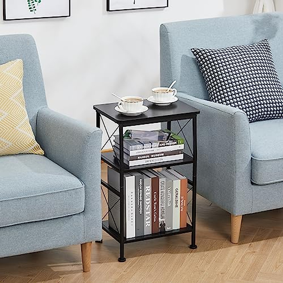 ruboka 3-Tier Small End Table, Small Side Table with Storage Shelf, Small Bookshelf with Metal Frame for Small Spaces, Nightstand, Bookcase, Display Rack for Bedroom, Living Room (Black)