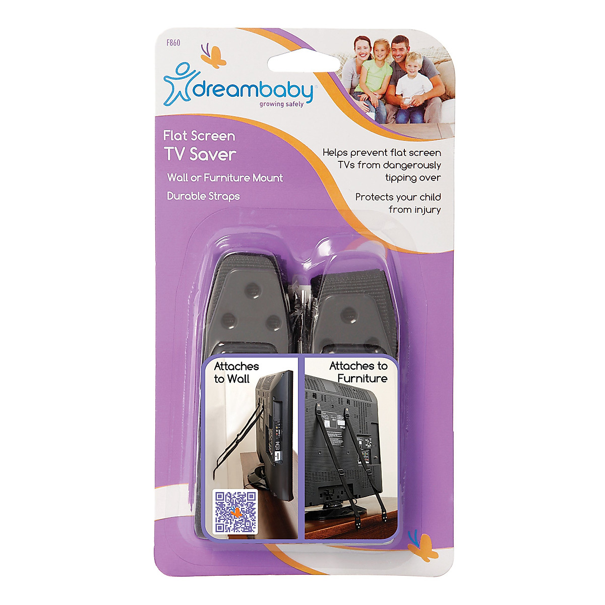 Dreambaby Flat Screen TV Saver Child Safety Straps - Anti-Tip Furniture Security Anchors - Adjustable Strap - Black - Model L860