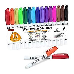 Shuttle Art Wet Erase Markers, 15 Colors 1mm Fine Tip Smudge-Free Markers, Use on Laminated Calendars,Overhead Projectors,Schedules,Whiteboards,Transparencies,Glass,Wipe with Water
