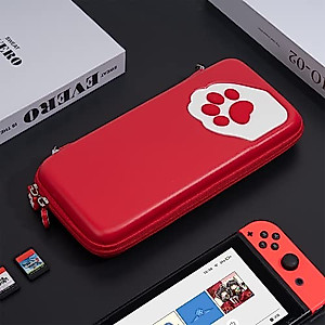 Geekshare Cute Cat Paw Case Compatible with Nintendo Switch/Switch OLED - Portable Hardshell Slim Travel Carrying Case fit Switch Console & Game Accessories - A Removable Wrist Strap (Red)