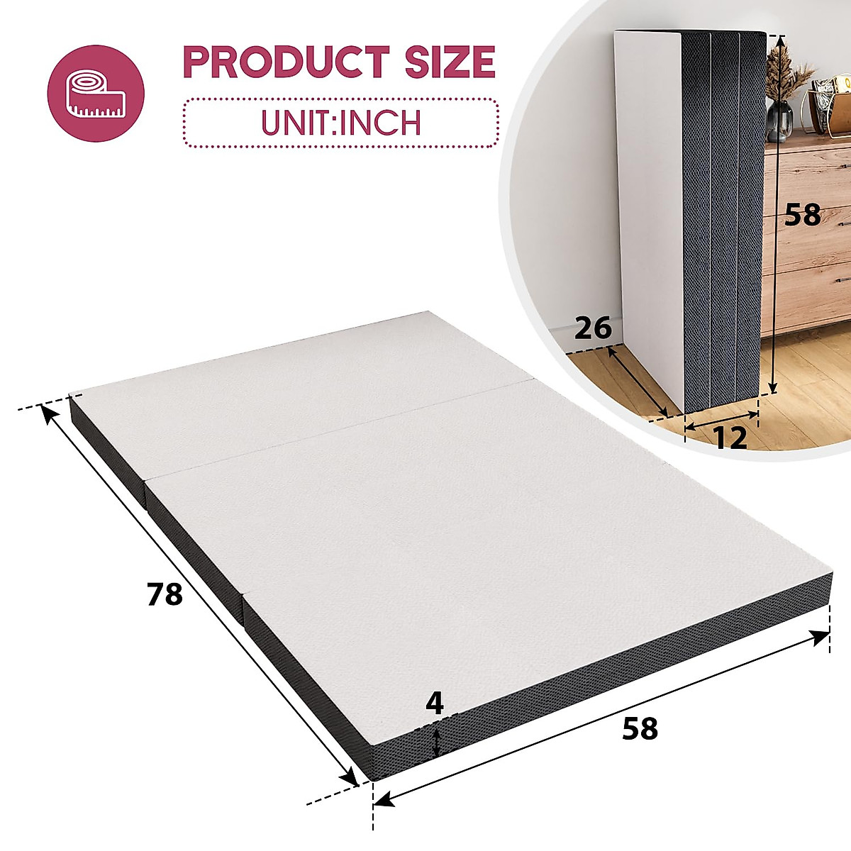 4 inch Folding Memory Foam Mattress Tri Fold Mattress with Washable Mesh Cover, Portable Mattress Topper Non-Slip Bottom Camping Guest Bed Breathable Memory Foam Topper, CertiPUR-US Certified, Queen