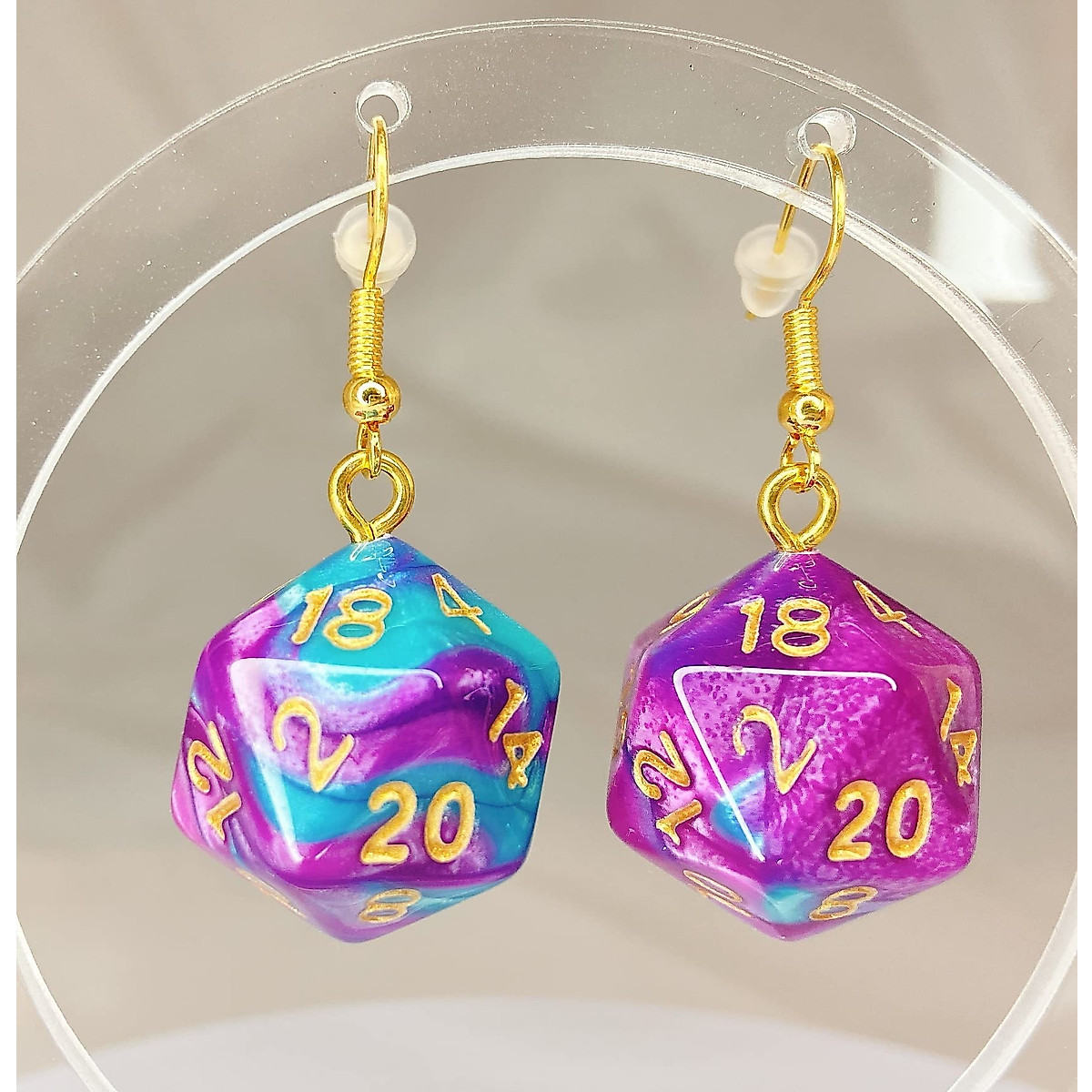 d20 20-Sided Polyhedral Dice Earrings - Hook with Earnuts (Light Blue-Purple Swirl)