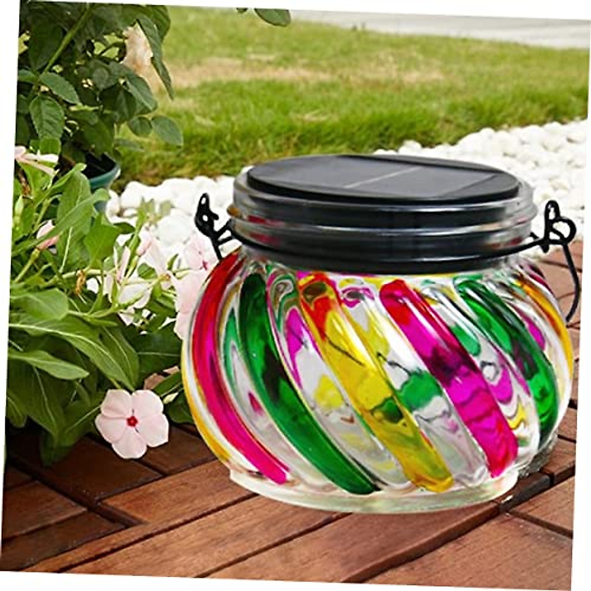 OSALADI Lamp Night Garden Party Lantern Lights Jar Light Lanterns Landscape Glass Yard LED Decor Table Porch Mosaic Solar Patio Colourful Hanging Fairy Outdoor Mason for Decorations Lawn