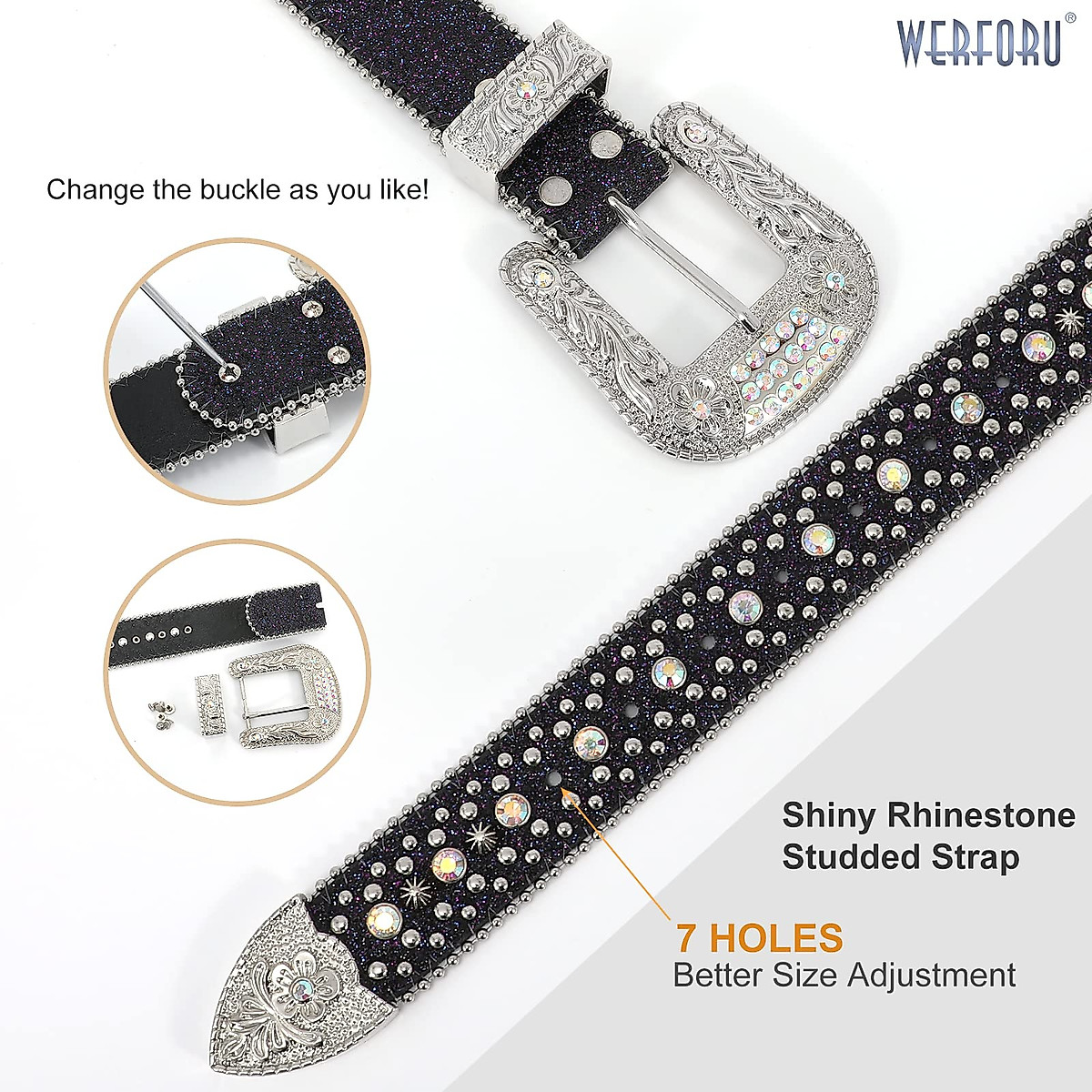 WERFORU Women Men Rhinestone Studded Western Leather Belt Ladies Vintage Bling Cowgirl Cowboy Waist Belt for Jeans Dress